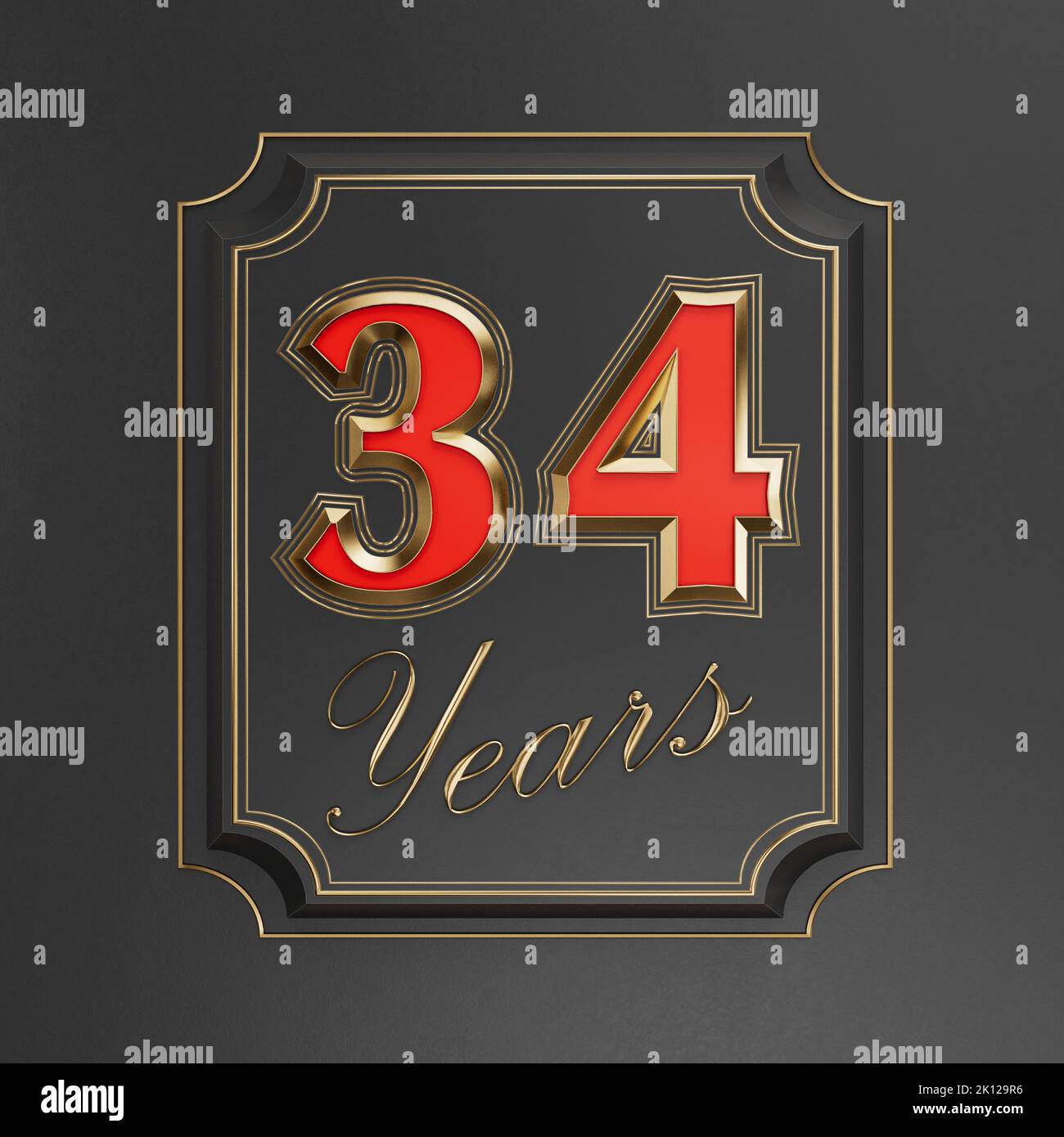 Red inscription thirty-four years (34 years) with gold edges on a dark ...