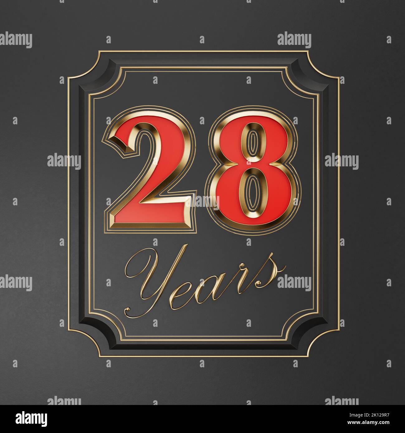 Red inscription twenty-eight years (28 years) with gold edges on a dark ...