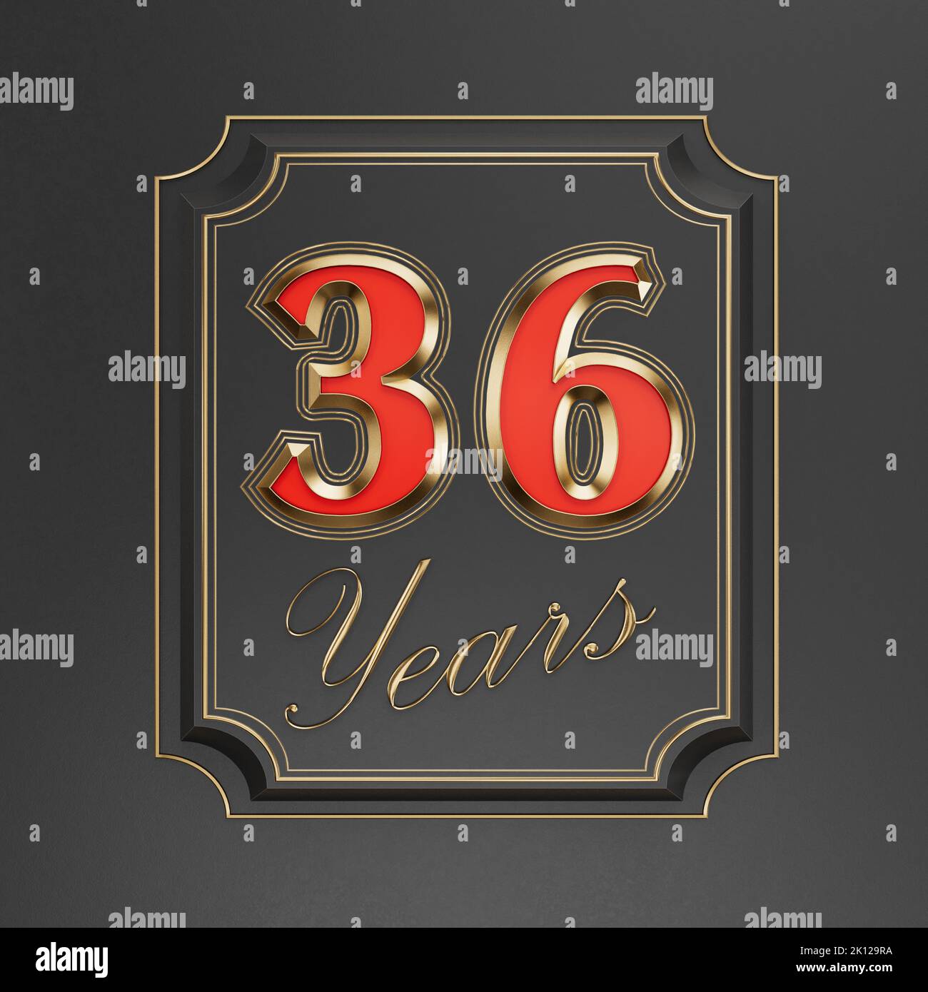 Red inscription thirty-six years (36 years) with gold edges on a dark ...