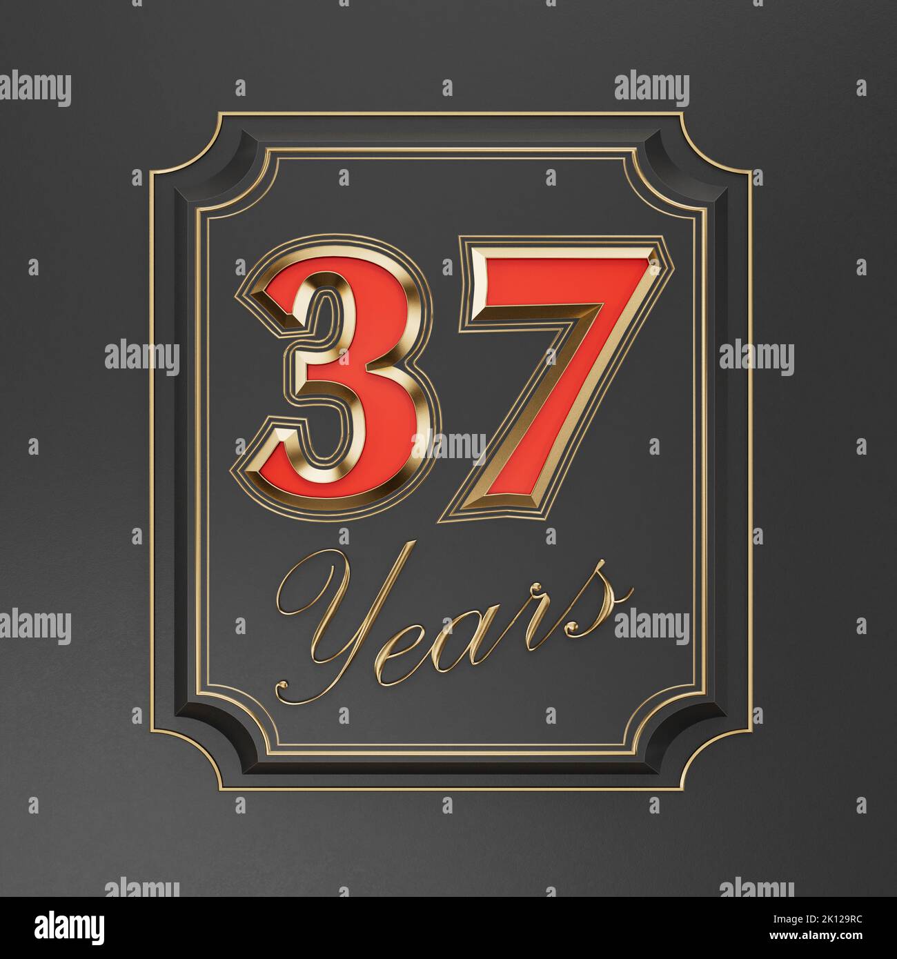 Red inscription thirty-seven years (37 years) with gold edges on a dark ...
