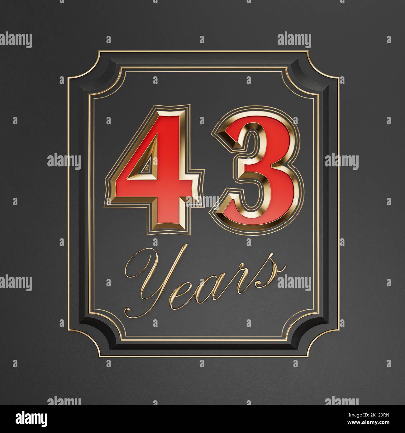 Red inscription forty-three years (43 years) with gold edges on a dark ...