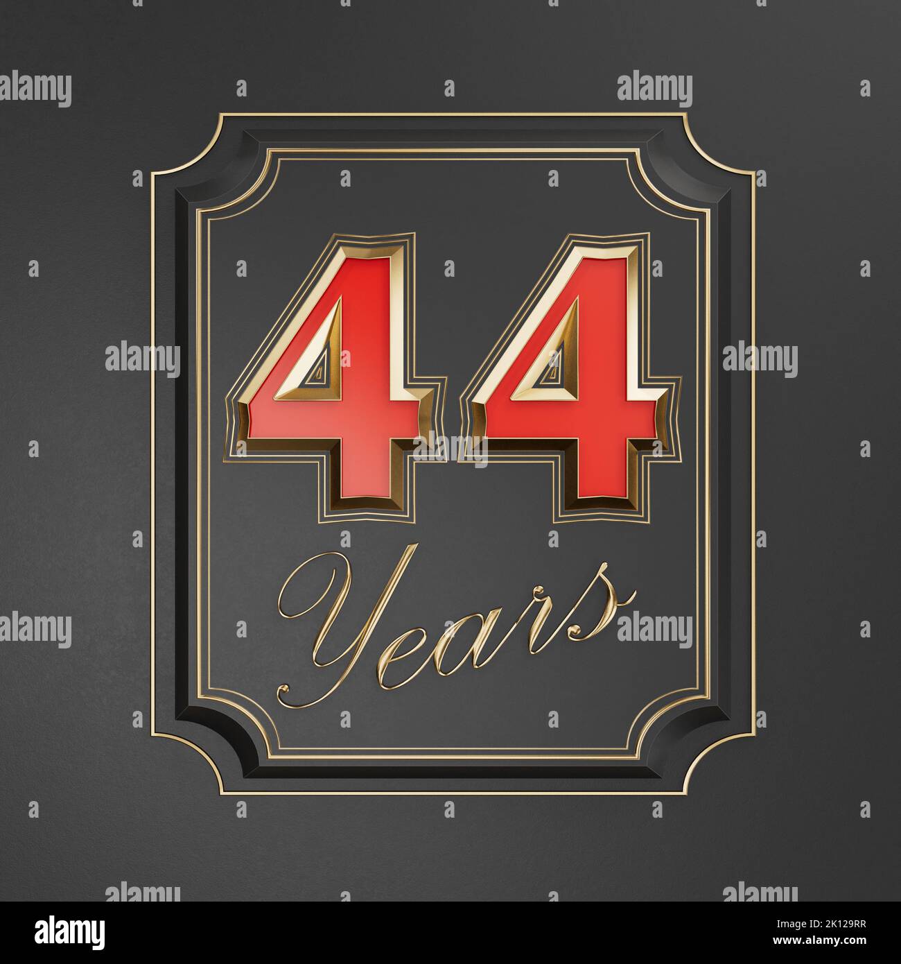 Red inscription forty-four years (44 years) with gold edges on a dark ...