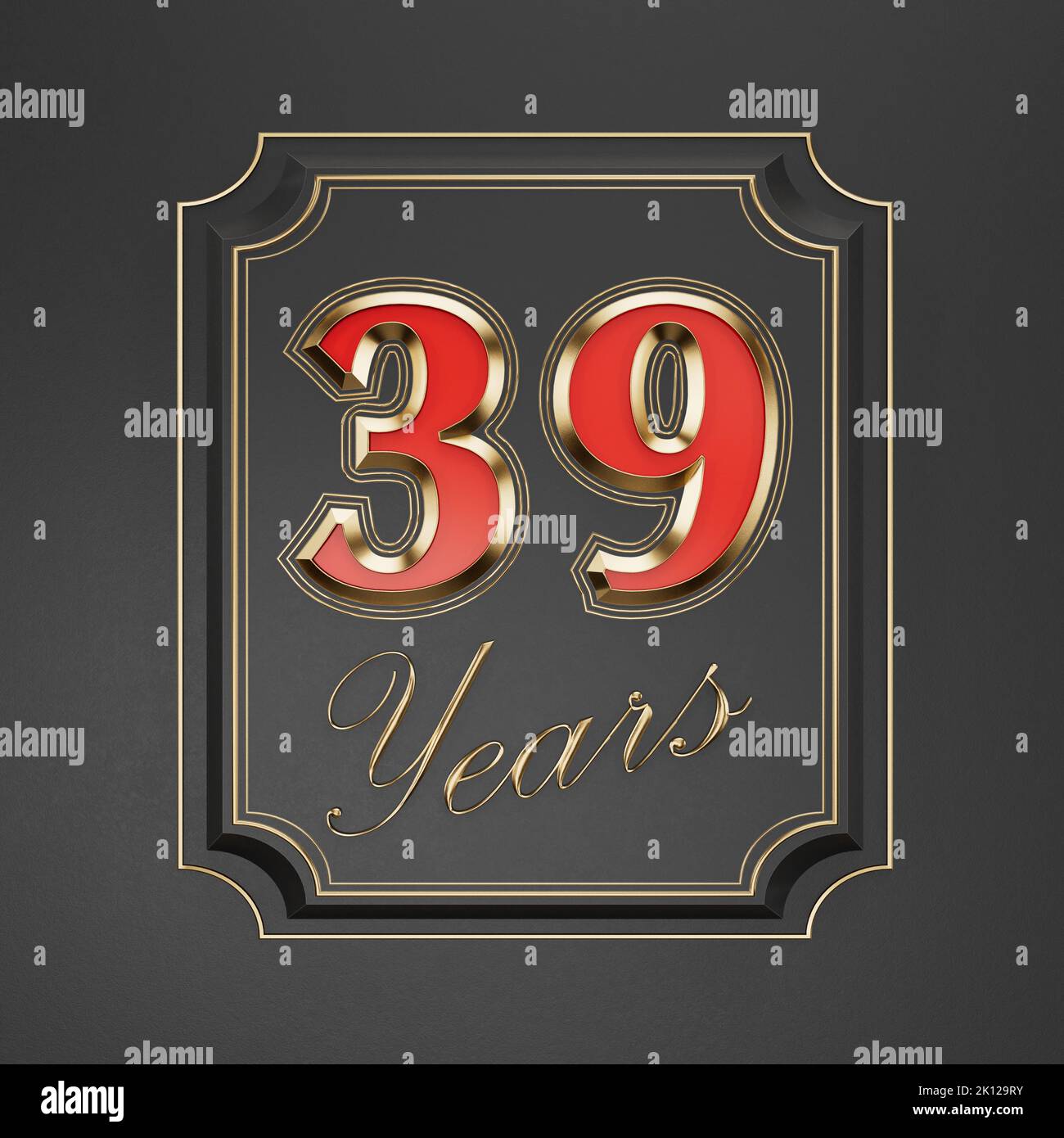 Red inscription thirty-nine years (39 years) with gold edges on a dark ...