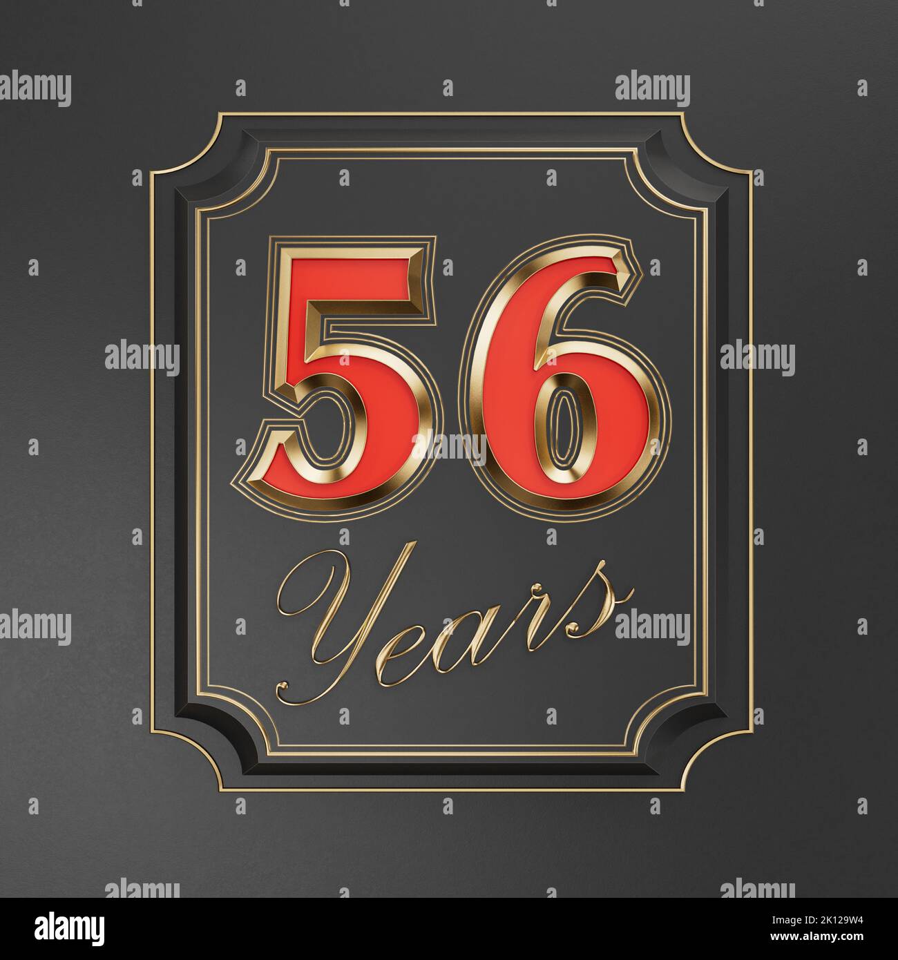 Red inscription fifty-six years (56 years) with gold edges on a dark ...