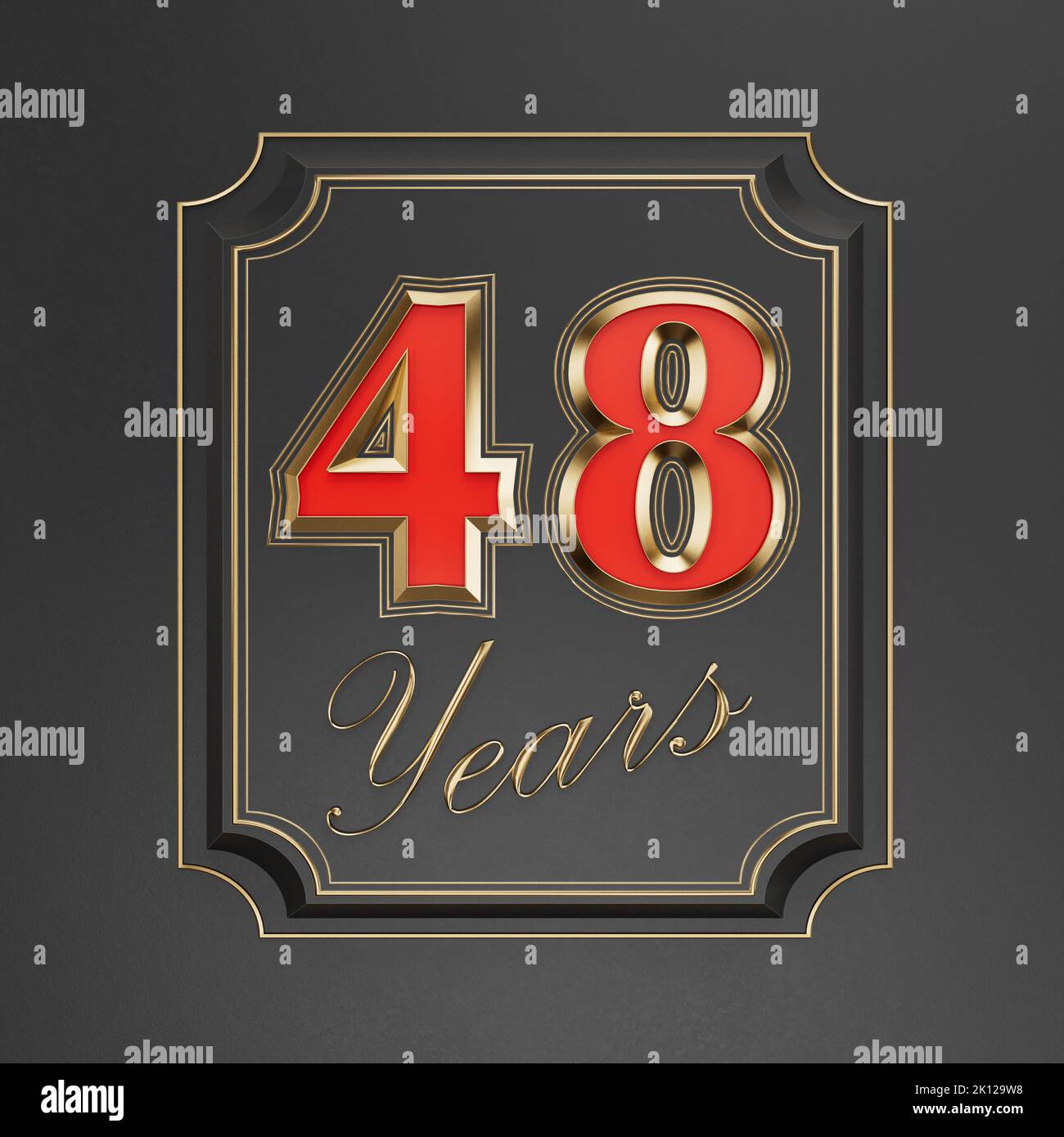 Red inscription forty-eight years (48 years) with gold edges on a dark ...