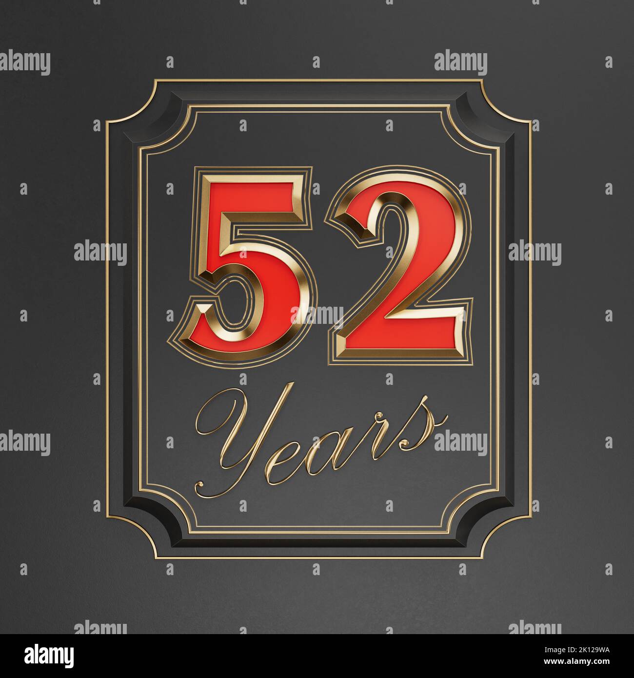 Red inscription fifty-two years (52 years) with gold edges on a dark ...