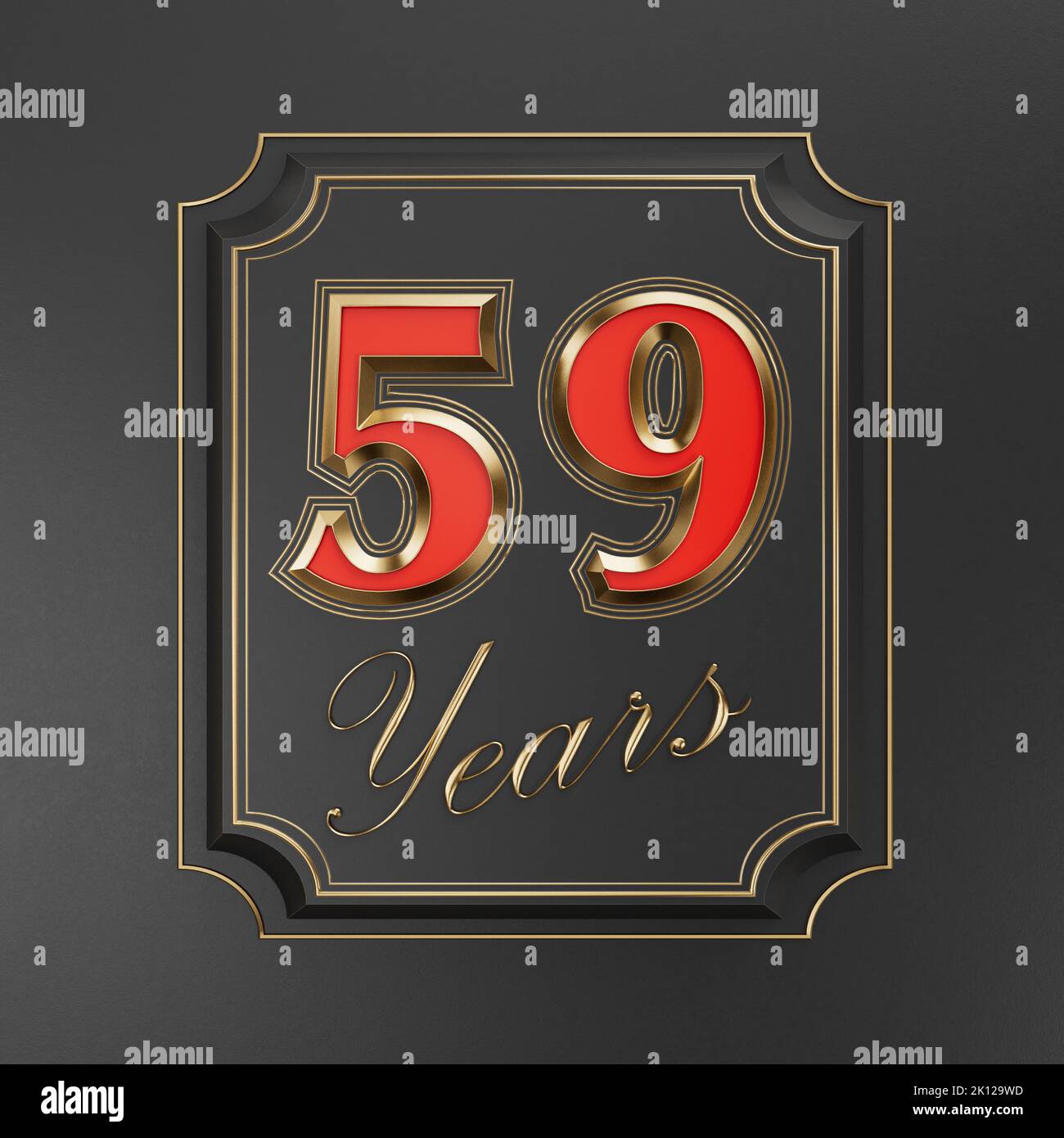 Red inscription fifty-nine years (59 years) with gold edges on a dark ...