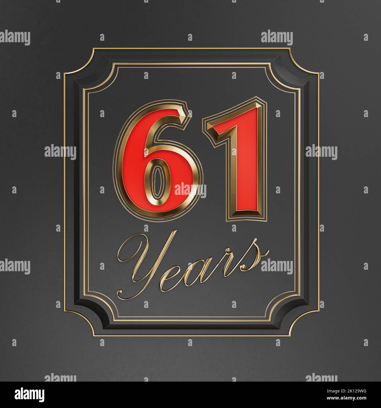 Red inscription sixty-one years (61 years) with gold edges on a dark ...