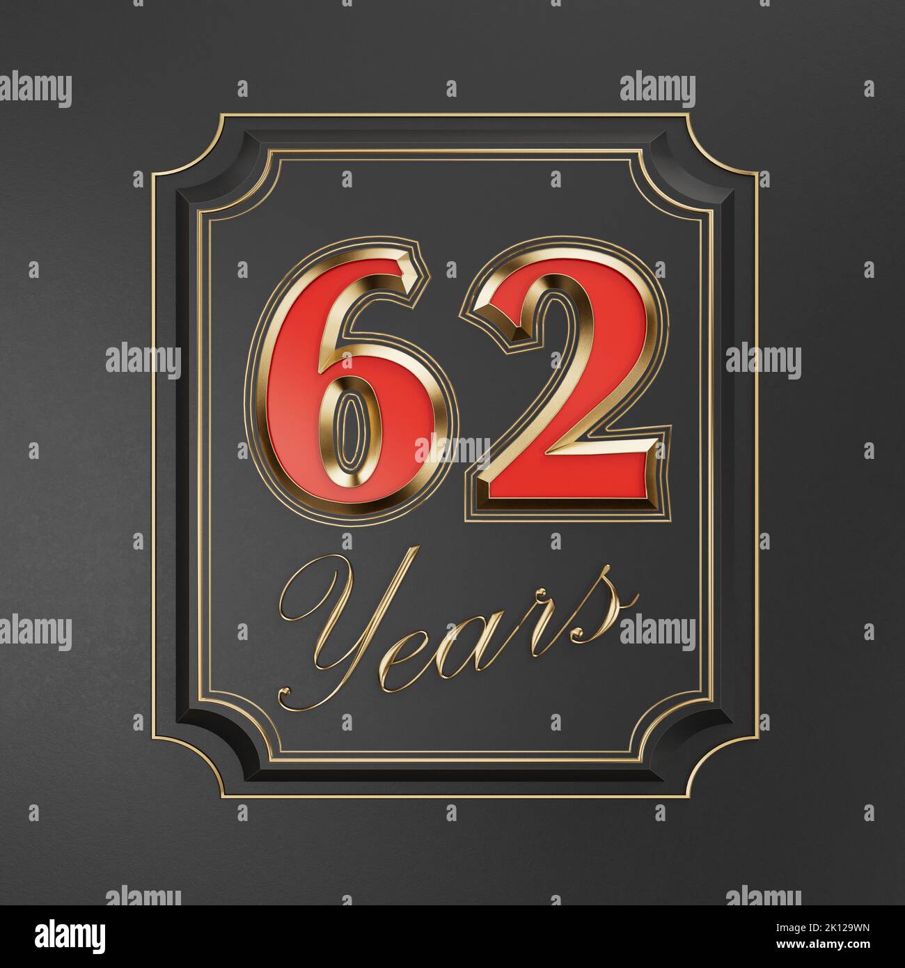 Red inscription sixty-two years (62 years) with gold edges on a dark ...
