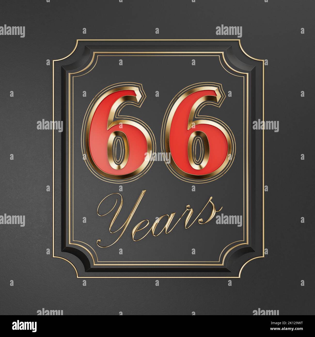 Red inscription sixty-six years (66 years) with gold edges on a dark ...