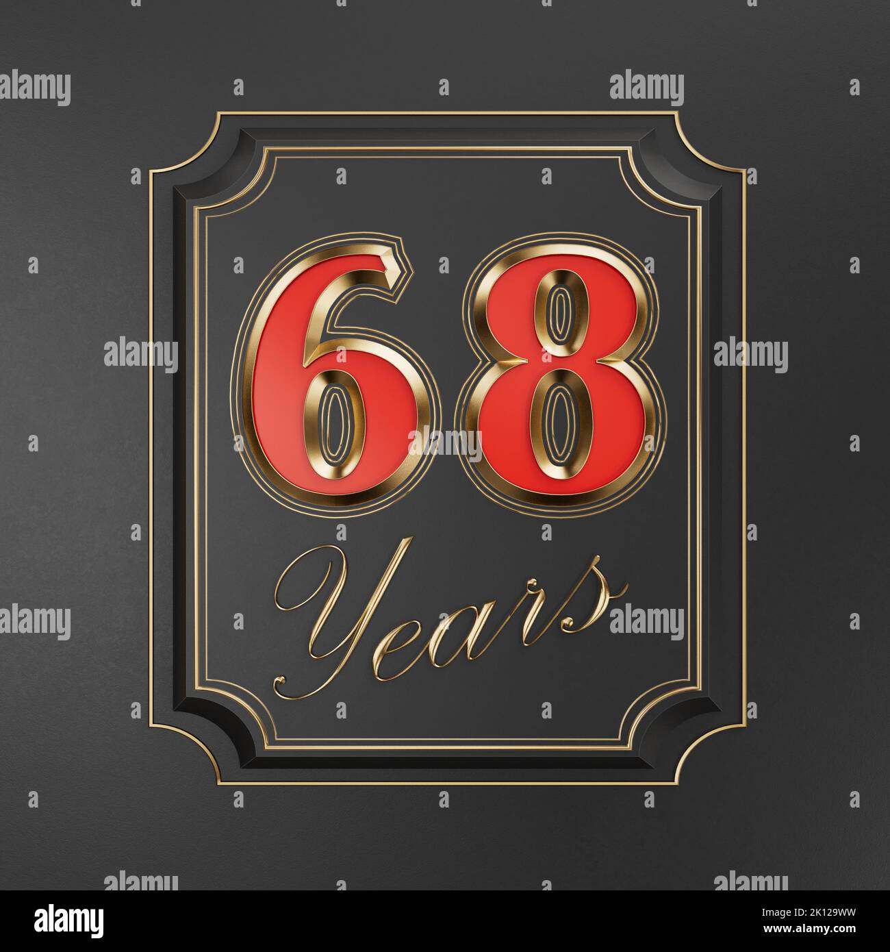 Red inscription sixty-eight years (68 years) with gold edges on a dark ...