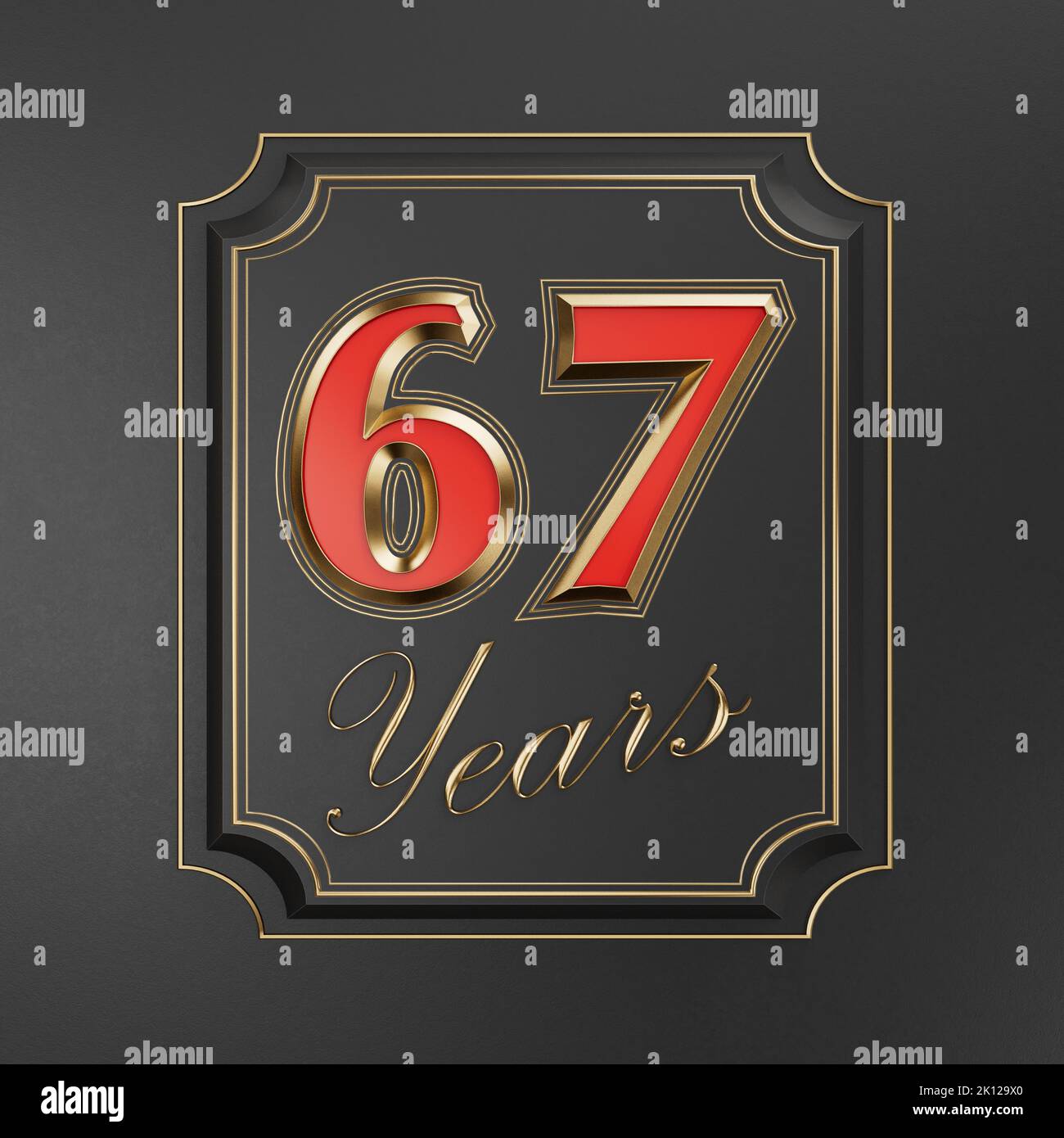 Red inscription sixty-seven years (67 years) with gold edges on a dark ...
