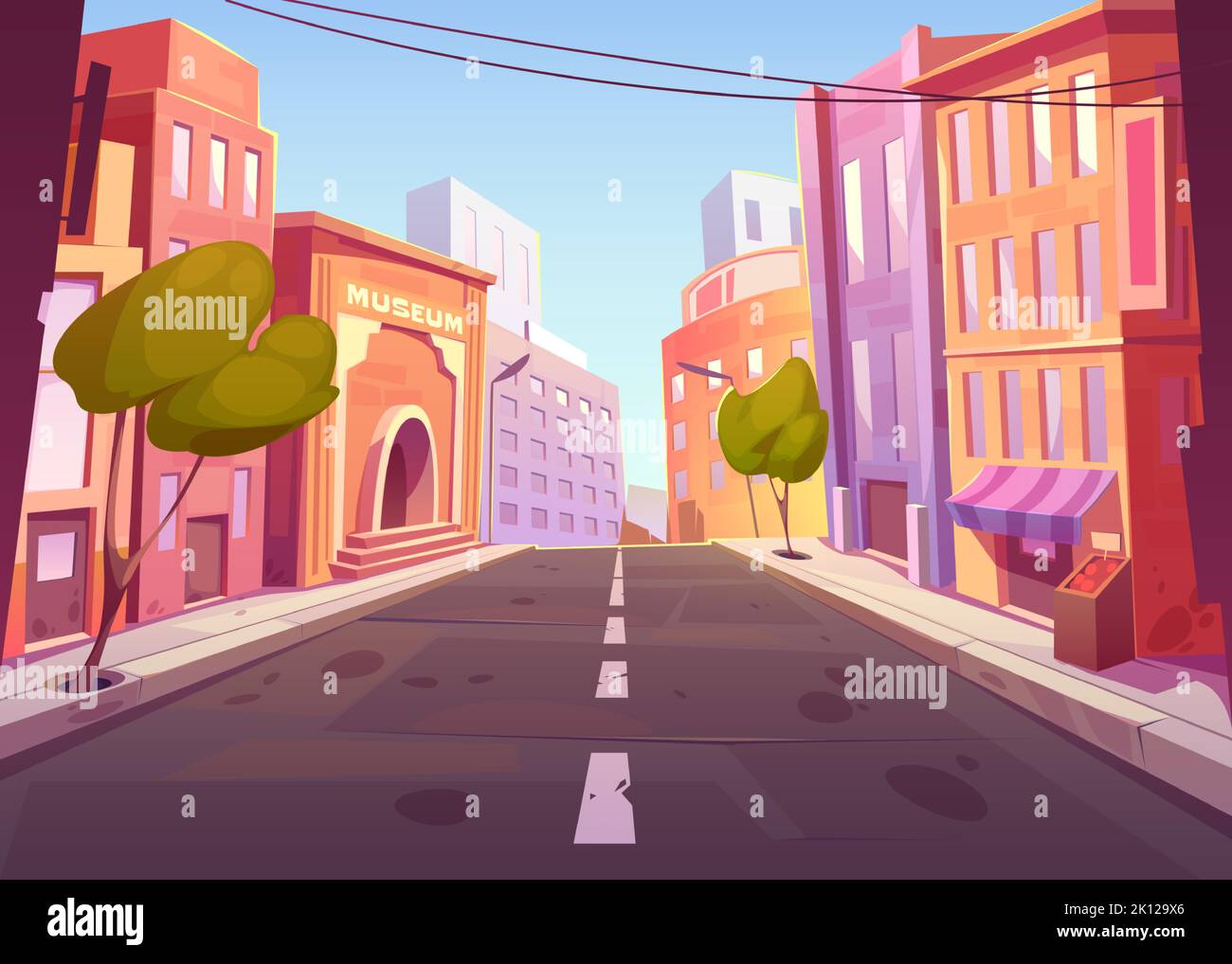 City street with house buildings, museum, shop, road, street lights and ...