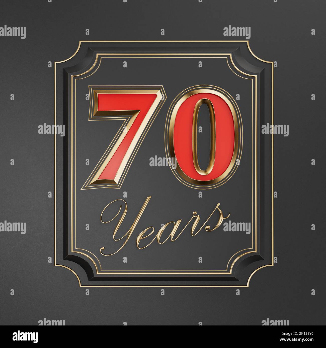 Red inscription seventy years (70 years) with gold edges on a dark ...