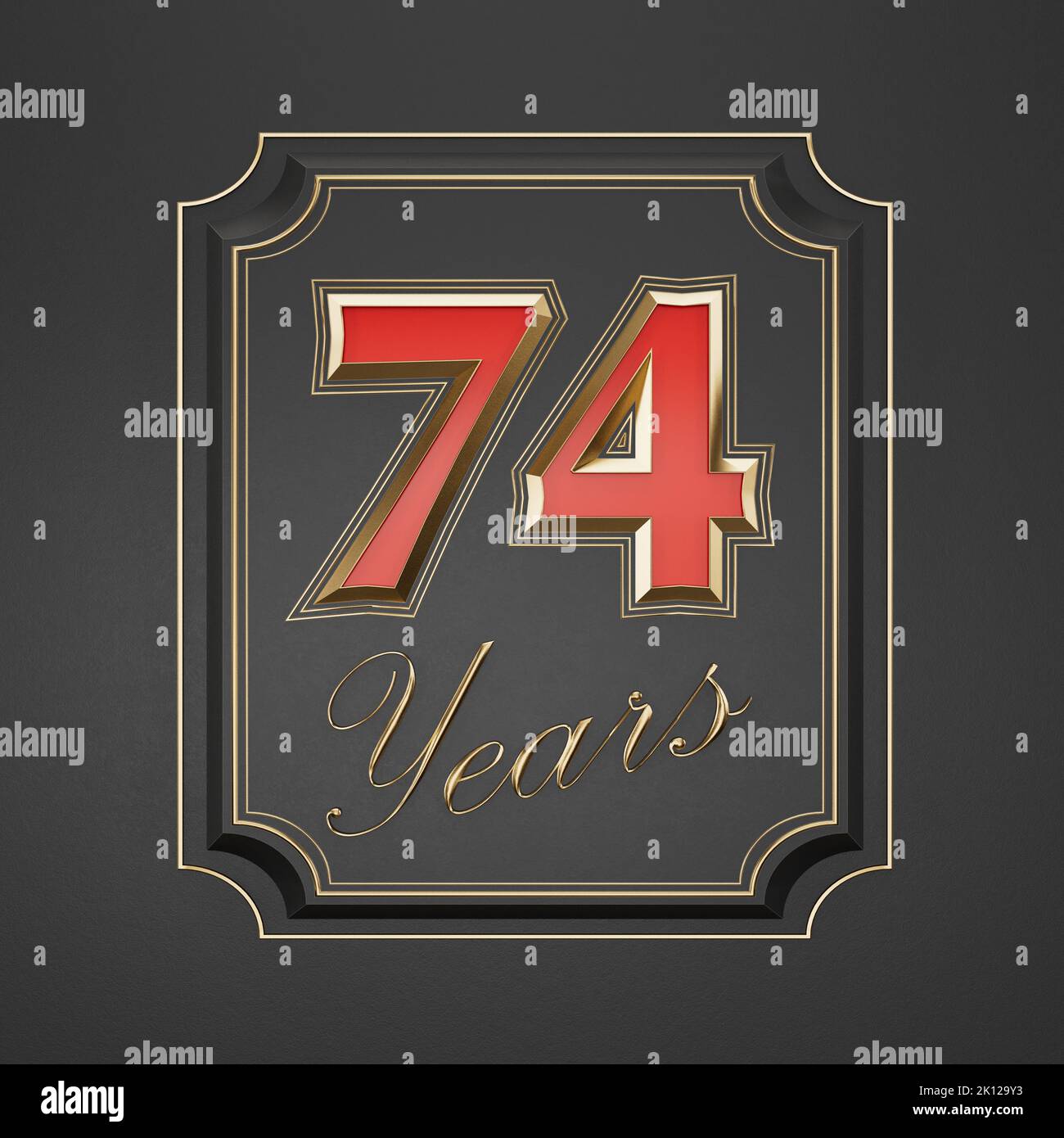 Red inscription seventy-four years (74 years) with gold edges on a dark ...