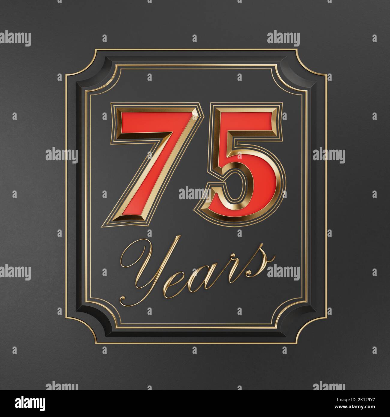 Red inscription seventy-five years (75 years) with gold edges on a dark ...