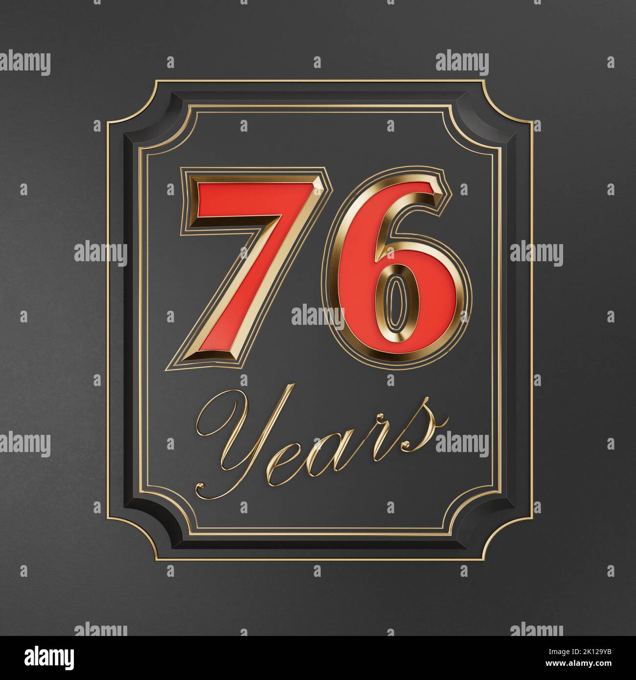 Red inscription seventy-six years (76 years) with gold edges on a dark ...