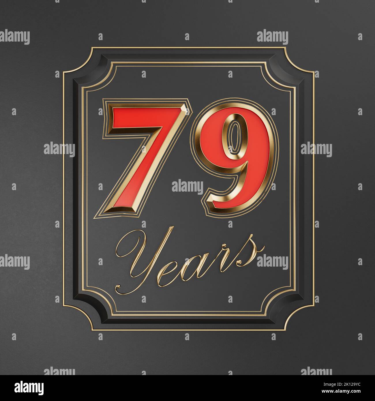Red inscription seventy-nine years (79 years) with gold edges on a dark ...