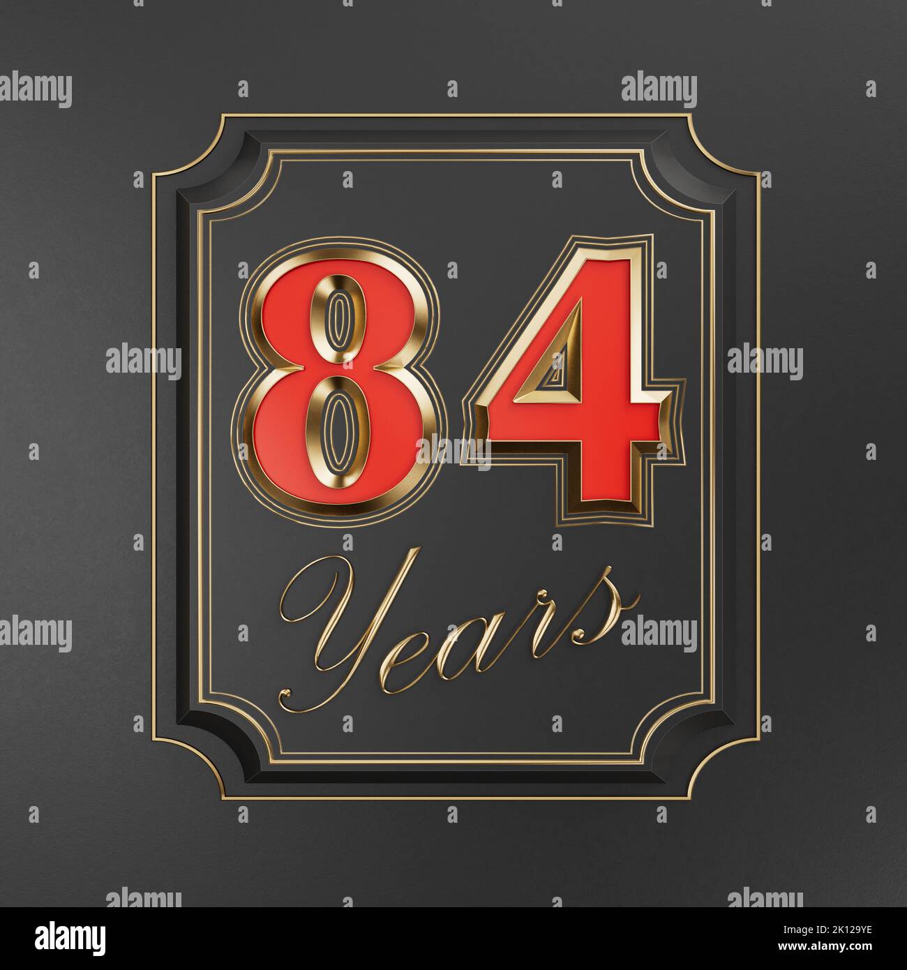 Red inscription eighty-four years (84 years) with gold edges on a dark ...