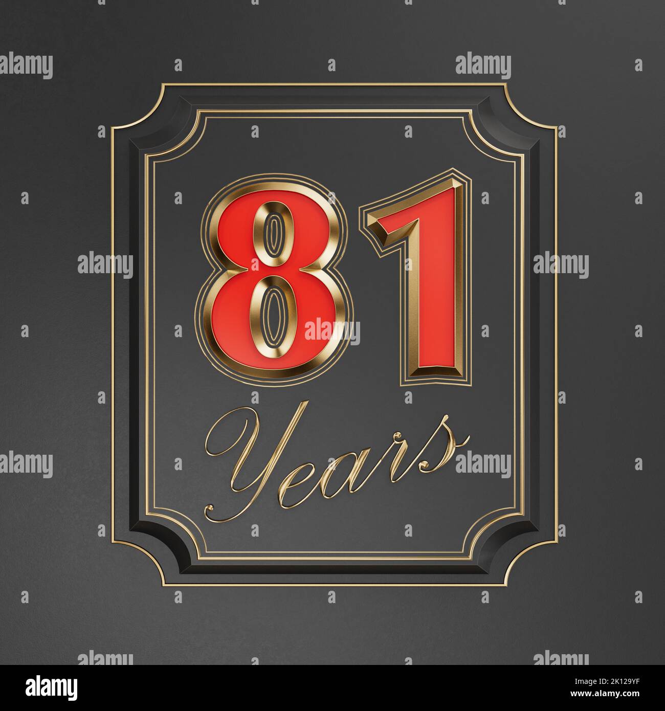 Red inscription eighty-one years (81 years) with gold edges on a dark ...