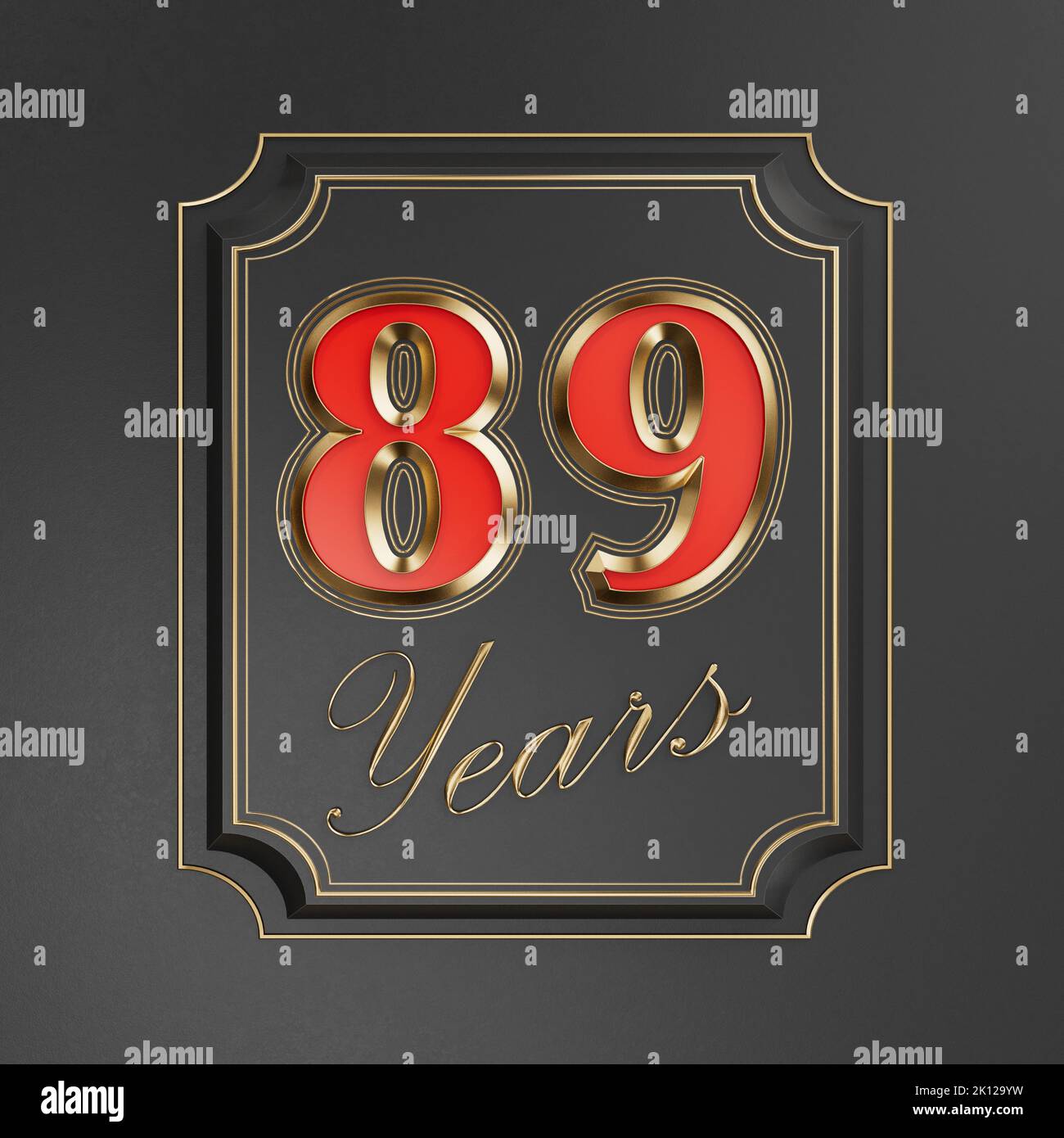 Red inscription eighty-nine years (89 years) with gold edges on a dark ...
