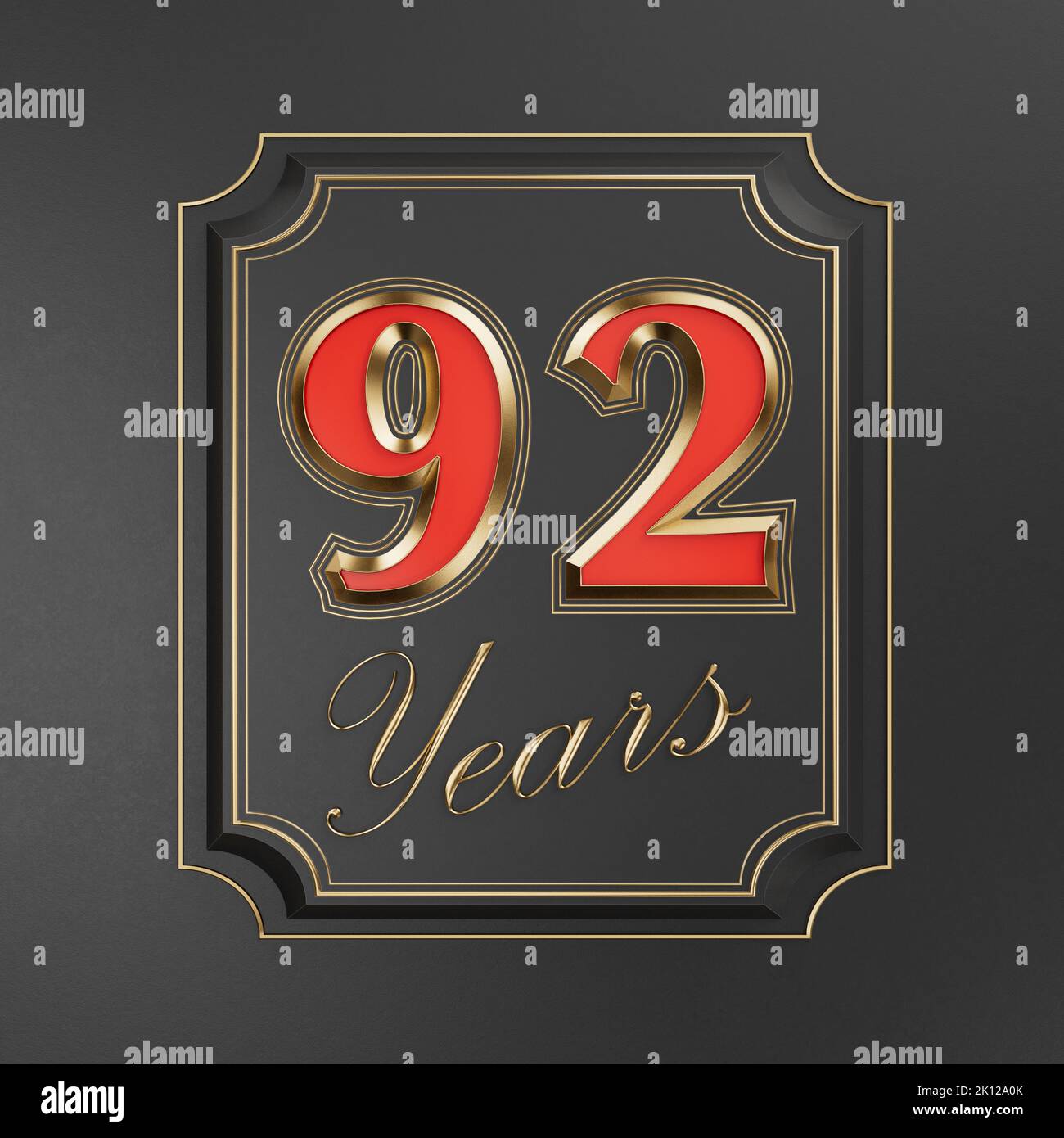 Red inscription ninety-two years (92 years) with gold edges on a dark ...