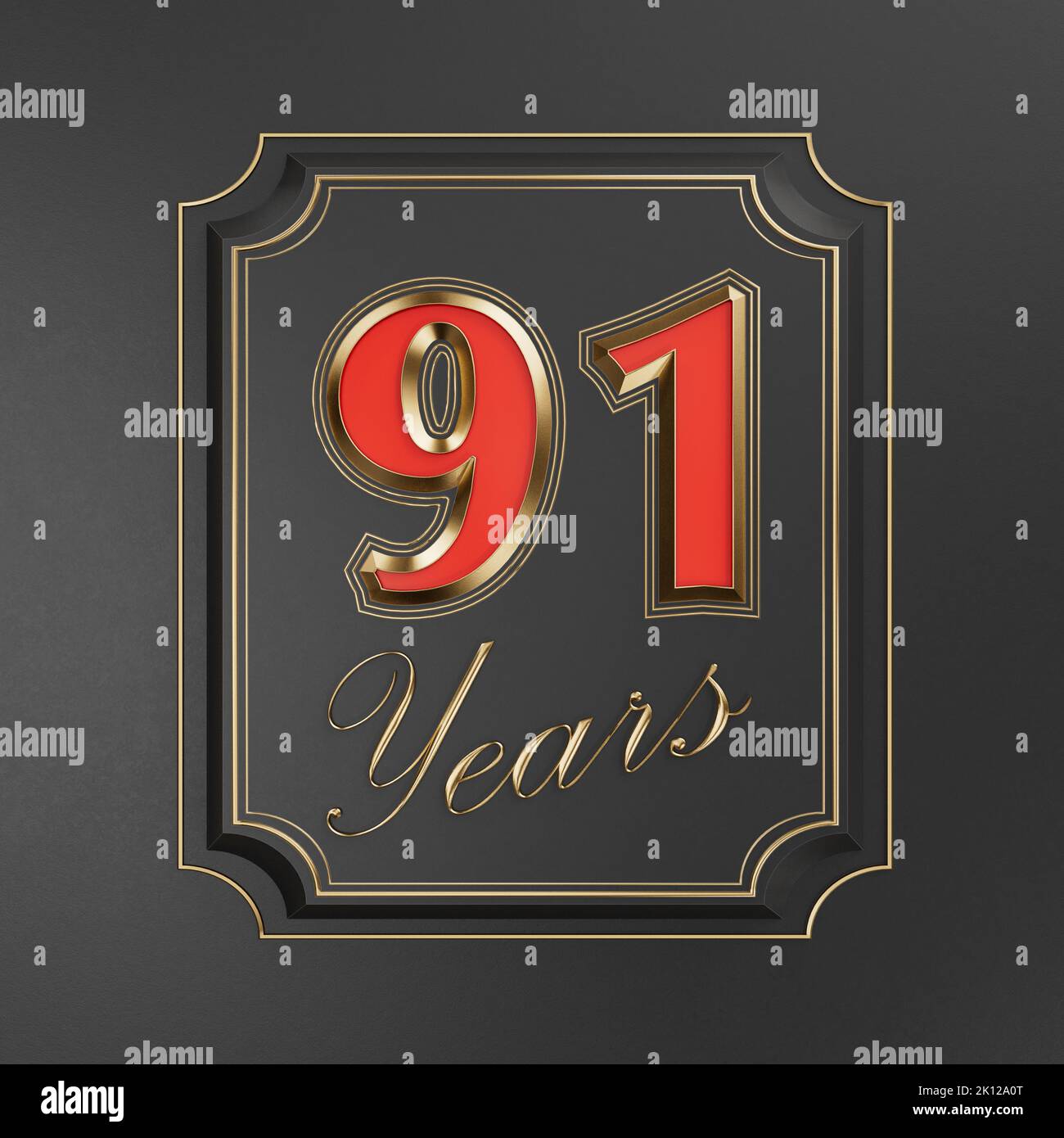 Red inscription ninety-one years (91 years) with gold edges on a dark background with gold ...
