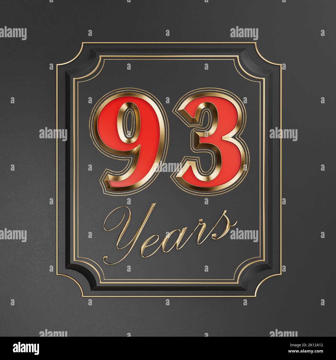 Red inscription ninety-three years (93 years) with gold edges on a dark ...