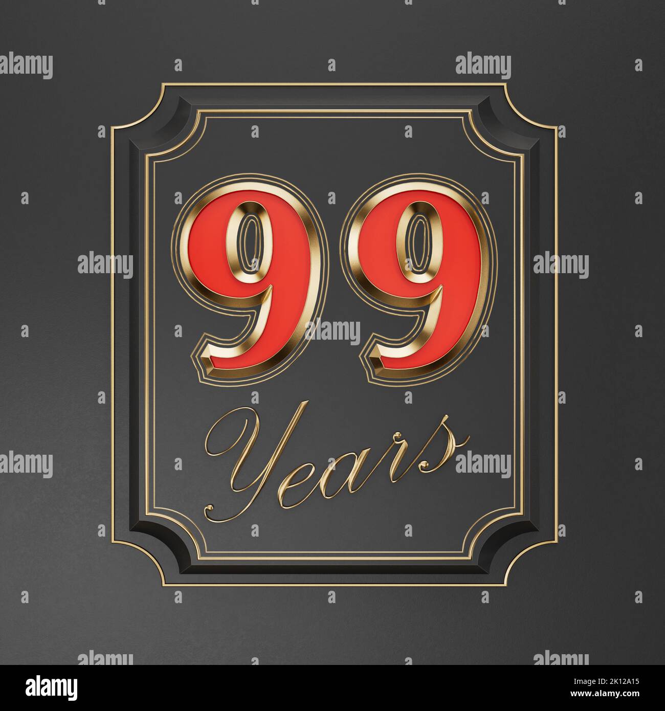 Red inscription ninety-nine years (99 years) with gold edges on a dark ...