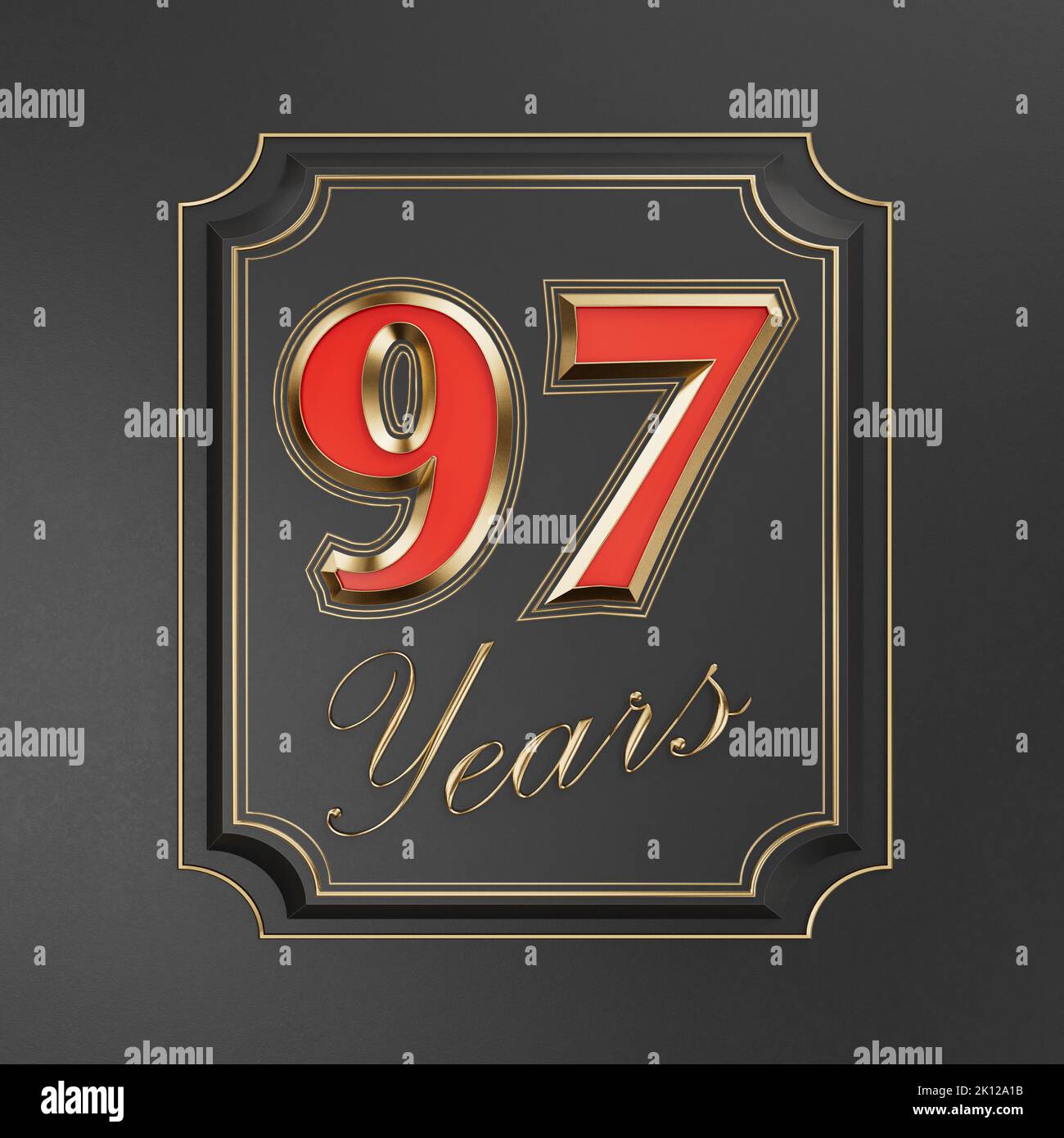 Red inscription ninety-seven years (97 years) with gold edges on a dark ...