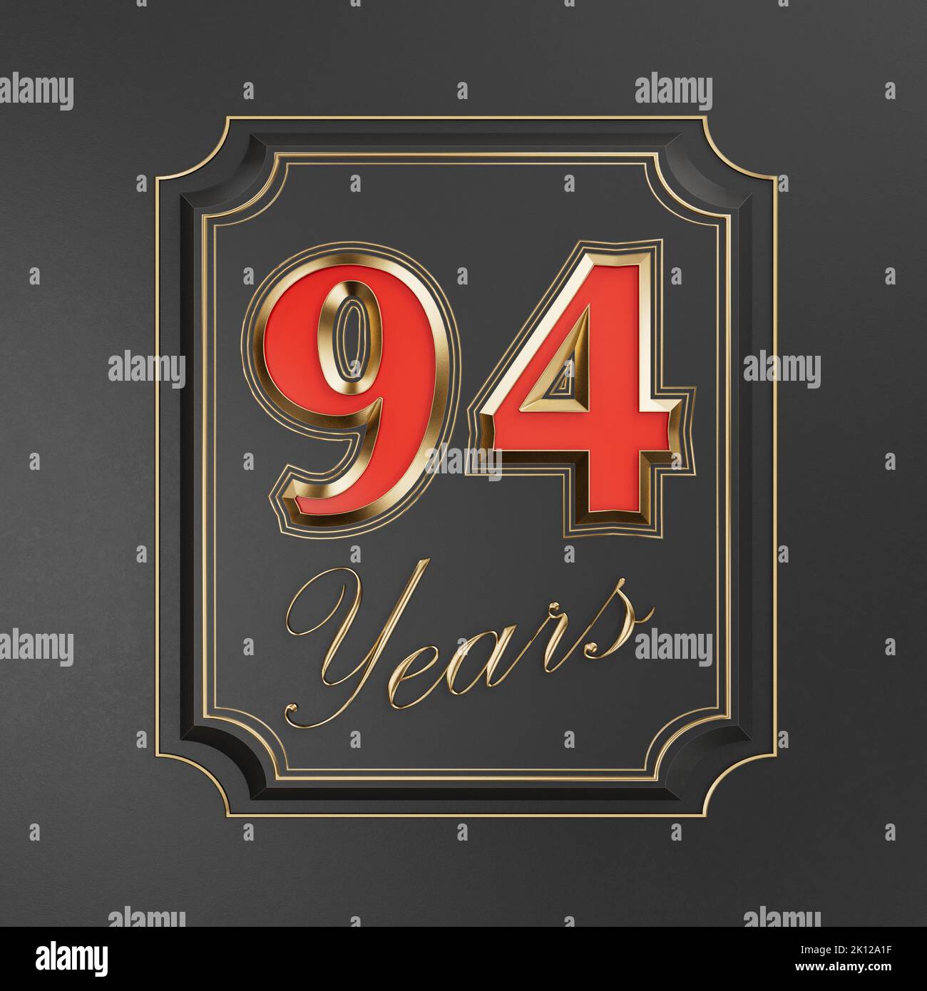 Red inscription ninety-four years (94 years) with gold edges on a dark ...