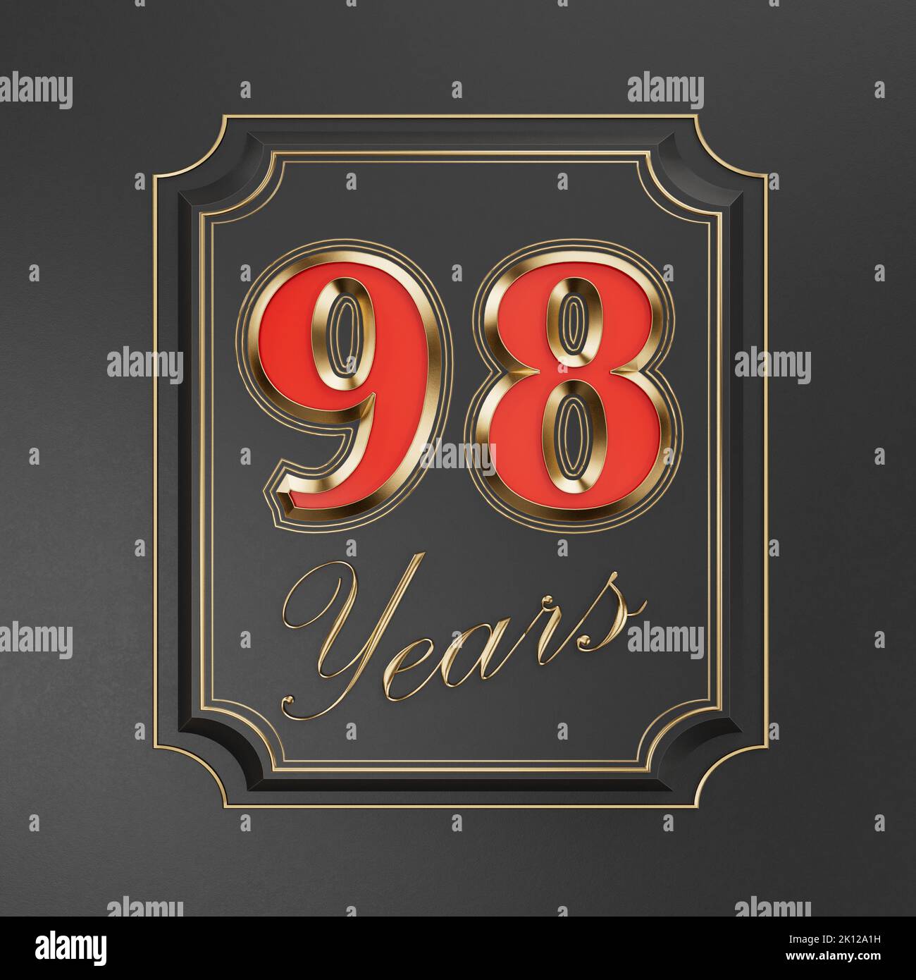 Red inscription ninety-eight years (98 years) with gold edges on a dark ...