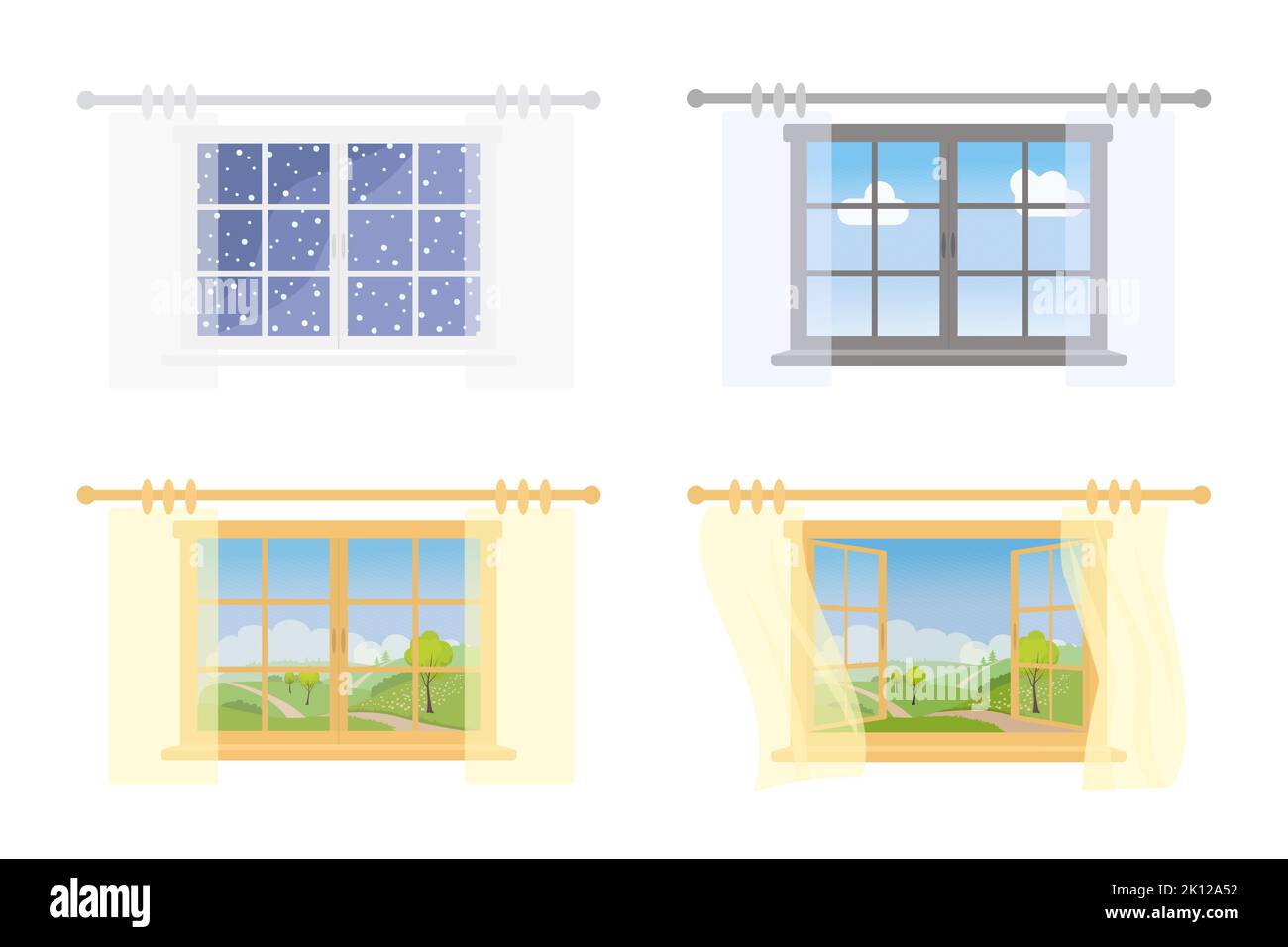 Set of open and closed windows on white background. Cartoon flat style ...