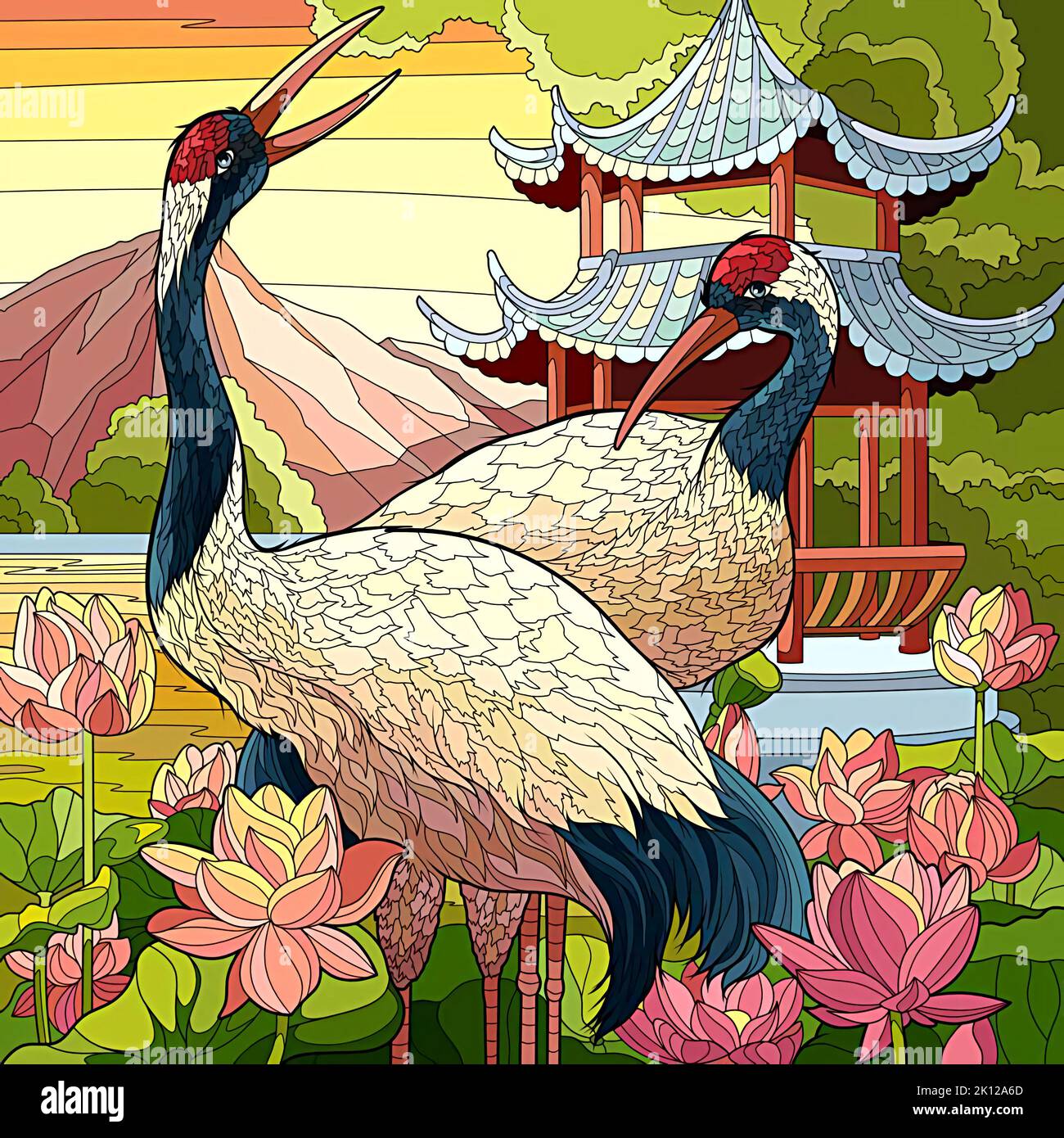 picture of two cranes on a lake with pink flowers on a mountain ...