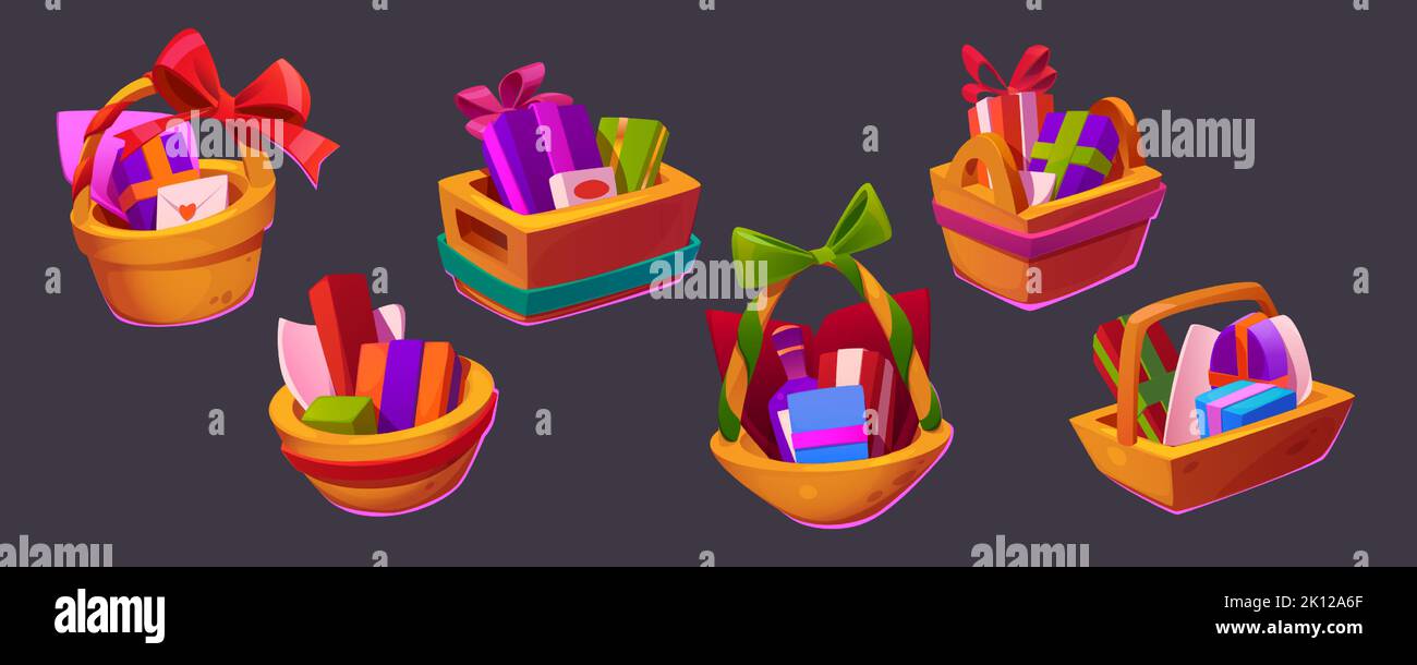 Gift hampers, boxes lying in baskets with envelopes. Chocolate and ...