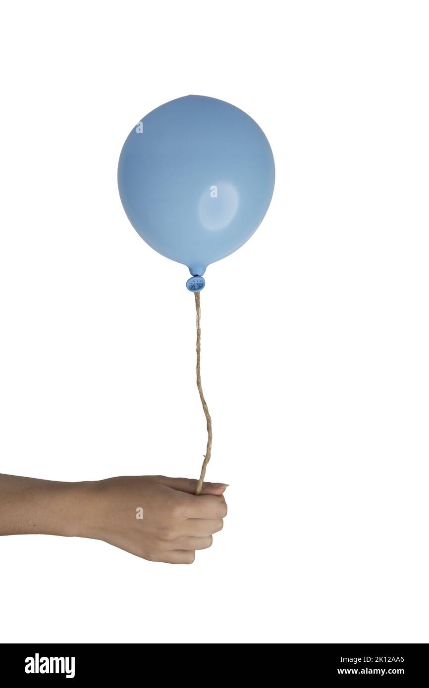 a blue balloon in the female hand on a white background Stock Photo - Alamy
