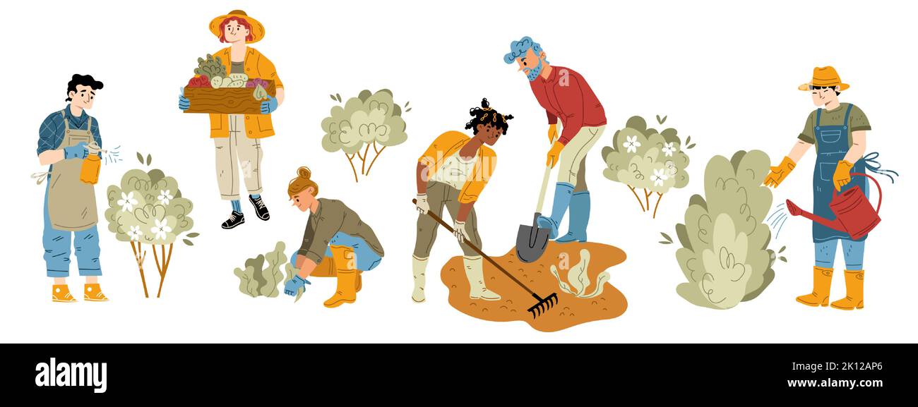 Gardening hobby, farm works set. Characters working in garden. Men and ...