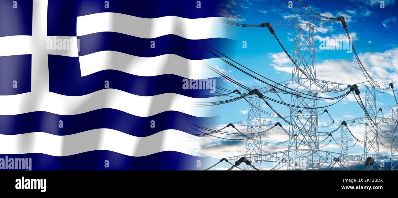 Greece - country flag and electricity pylons - 3D illustration Stock ...