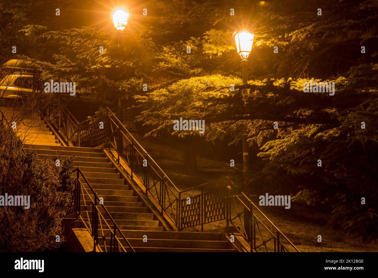 city park stairs illuminated by night in Trieste city, Italy Stock ...