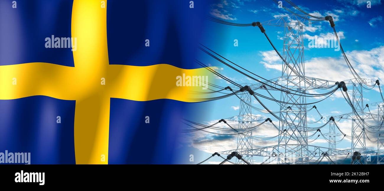 Sweden - country flag and electricity pylons - 3D illustration Stock ...