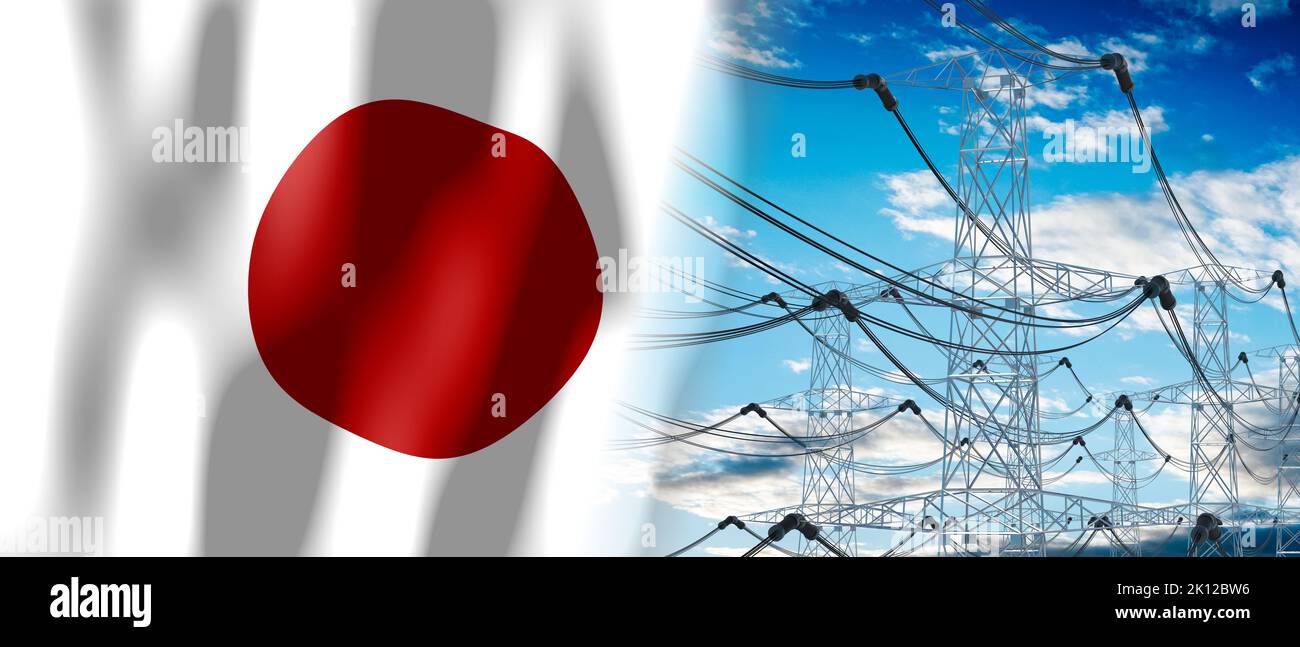 Japan - country flag and electricity pylons - 3D illustration Stock ...