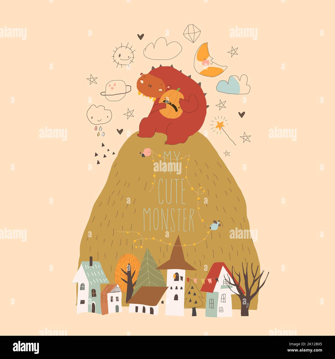 Cartoon Funny Monster sitting on a Mountain above a Small Town Stock ...