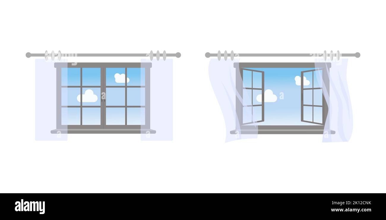 Open and closed window on white background. Cartoon flat style. Vector ...