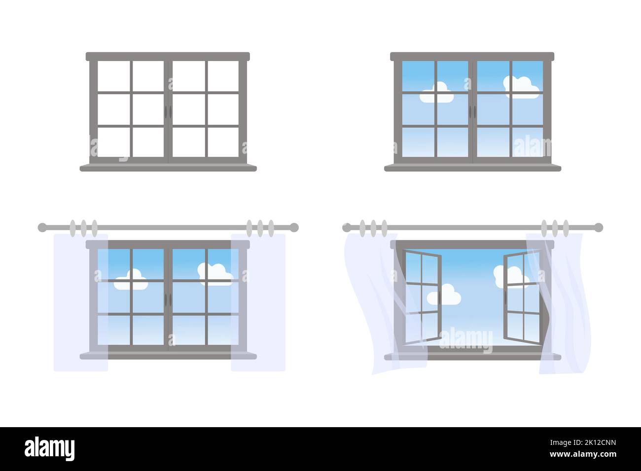 Set of open and closed windows on white background. Cartoon flat style ...