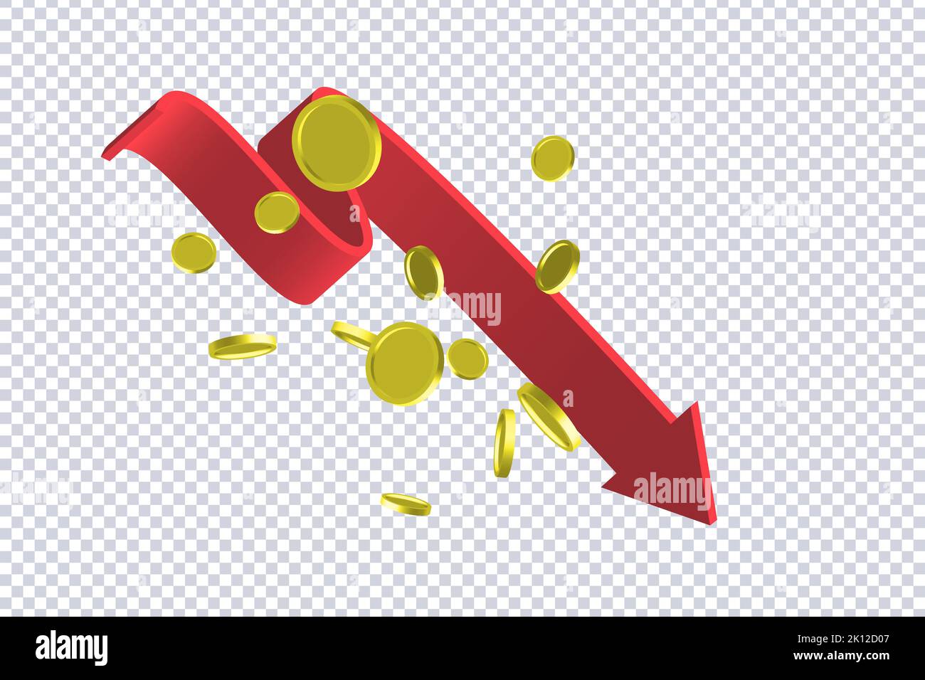 Curved red arrow and flying coins on transparent. Market movements ...