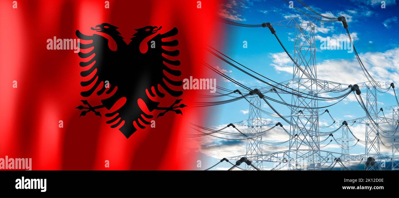 Albania - country flag and electricity pylons - 3D illustration Stock ...