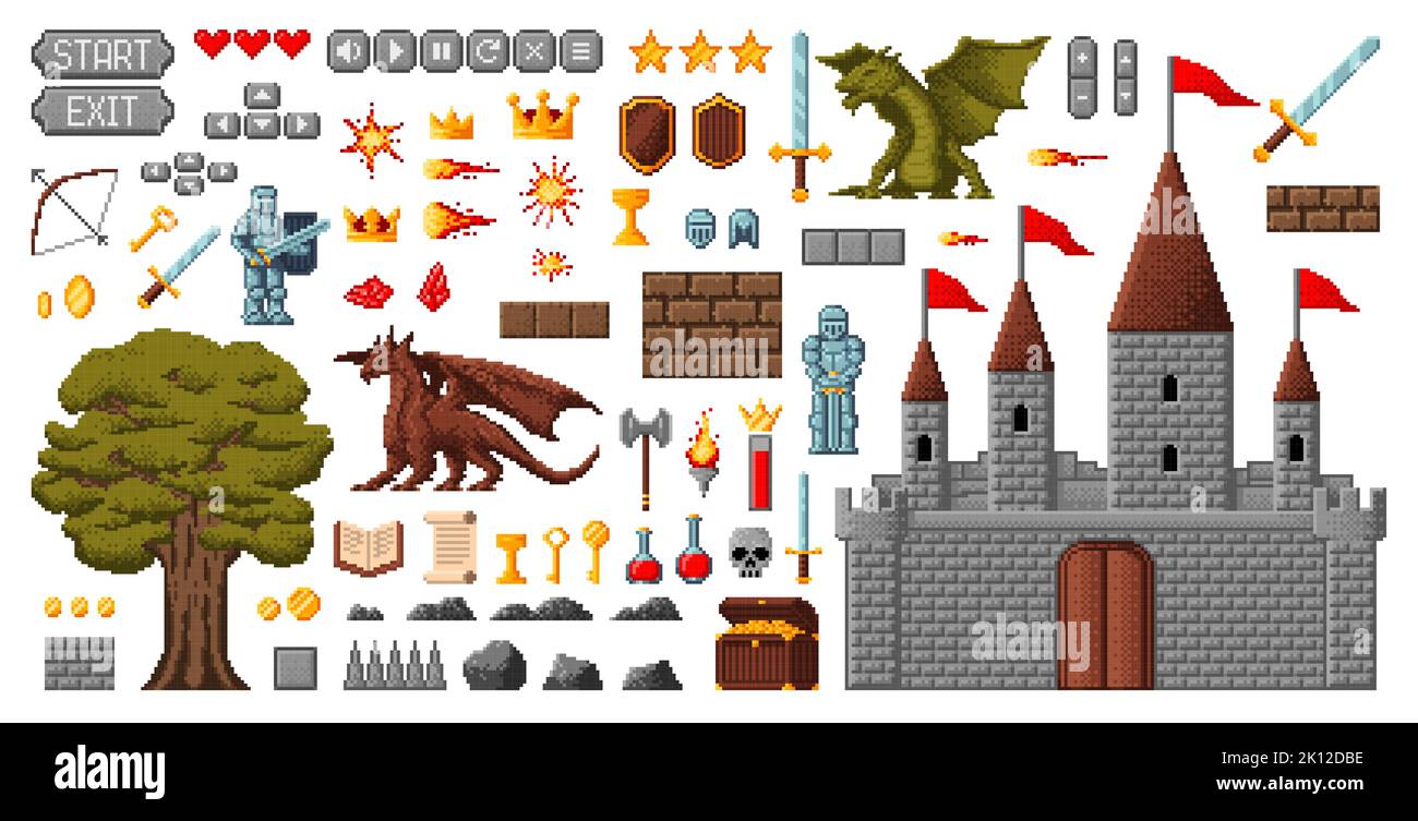 8bit pixel game asset, medieval knight, castle, armor, swords and dragon, menu interface buttons ...