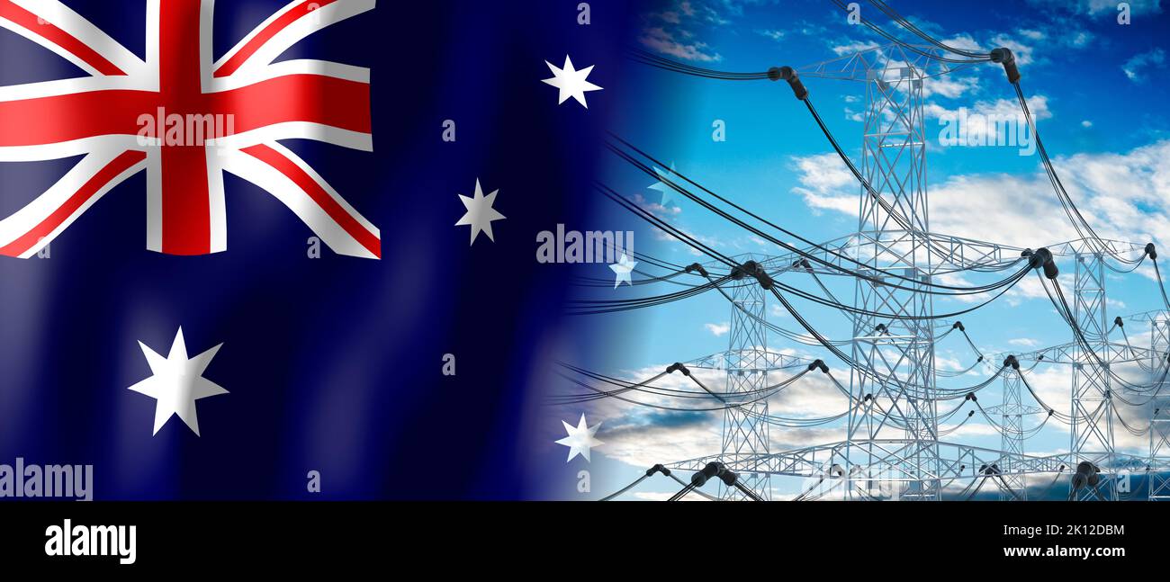 Australia - country flag and electricity pylons - 3D illustration Stock ...