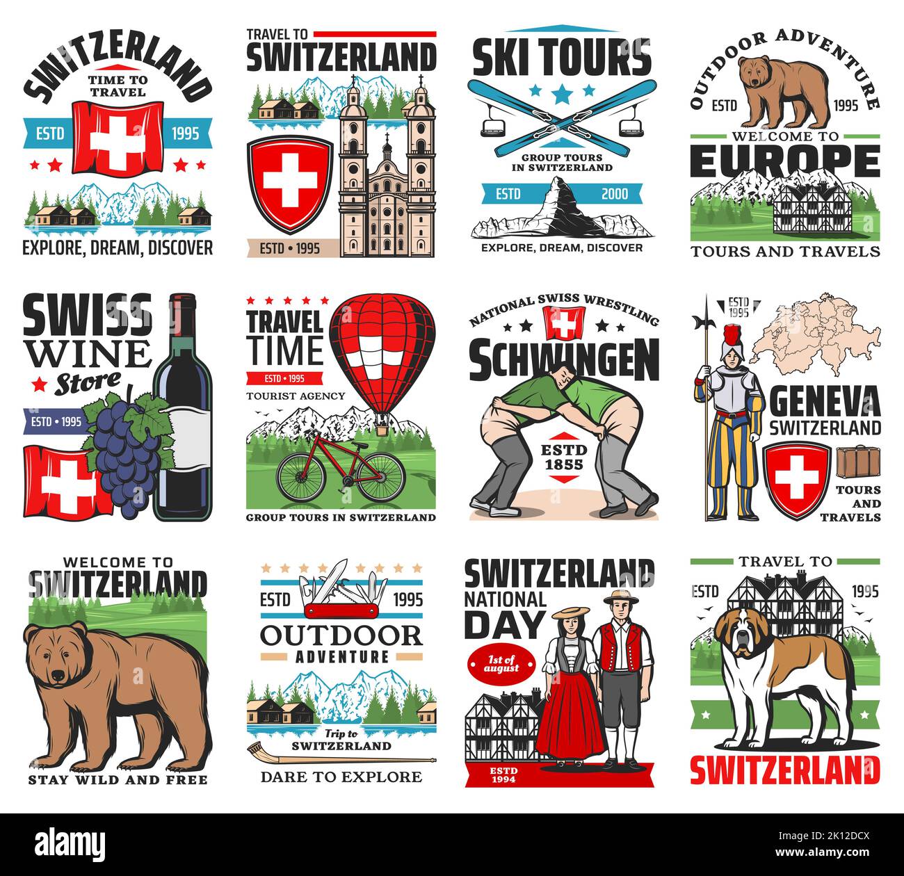 Switzerland travel landmarks, culture symbols icons. Bear, St. Bernard ...