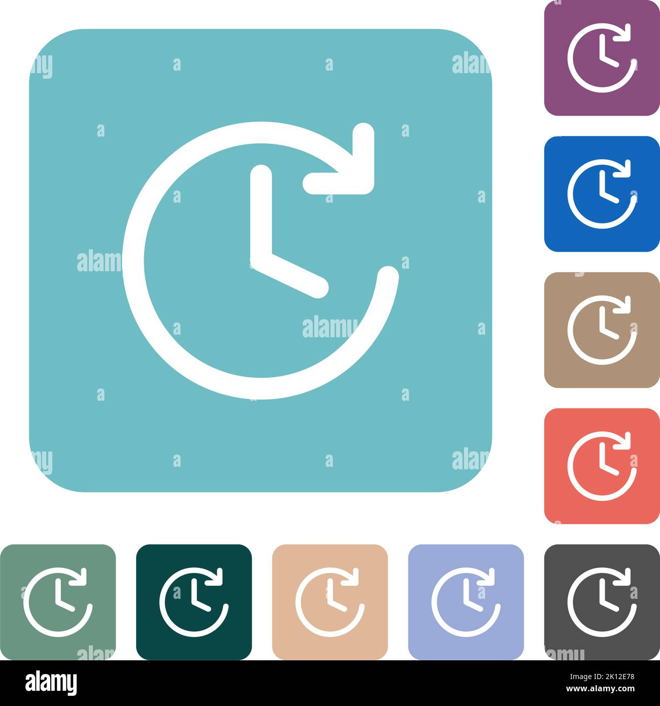 Circle shaped forward arrow and clock white flat icons on color rounded ...